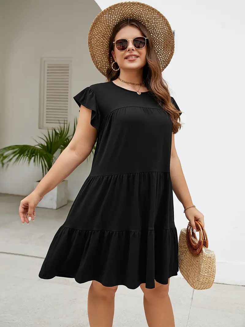 Solid Simple Tiered Dress Plus Size Elegant Crew Neck Ruffle Temu