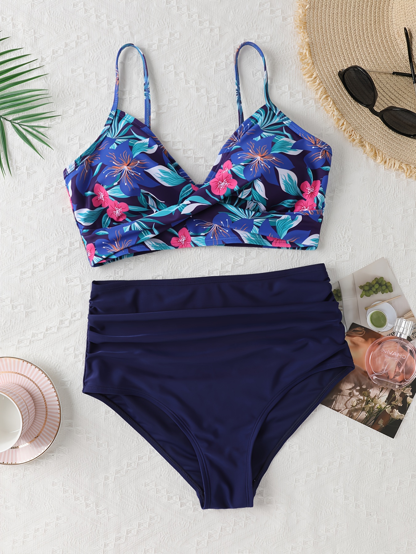 Tropical Print Bikini V Neck Ruched High Cut Swimsuits - Temu Canada