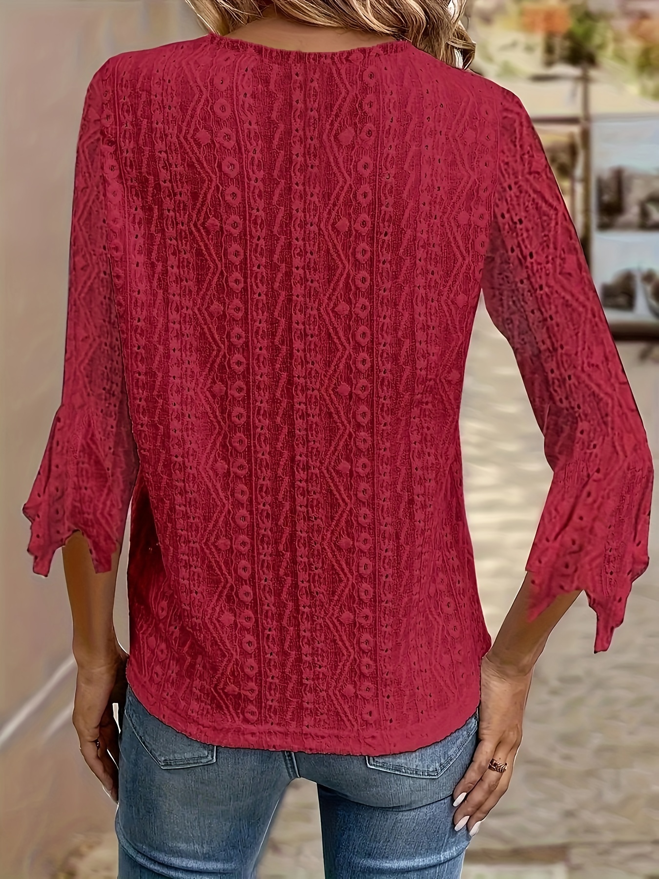 Plus Size Casual Top Women's Plus Solid Eyelet Embroidered - Temu