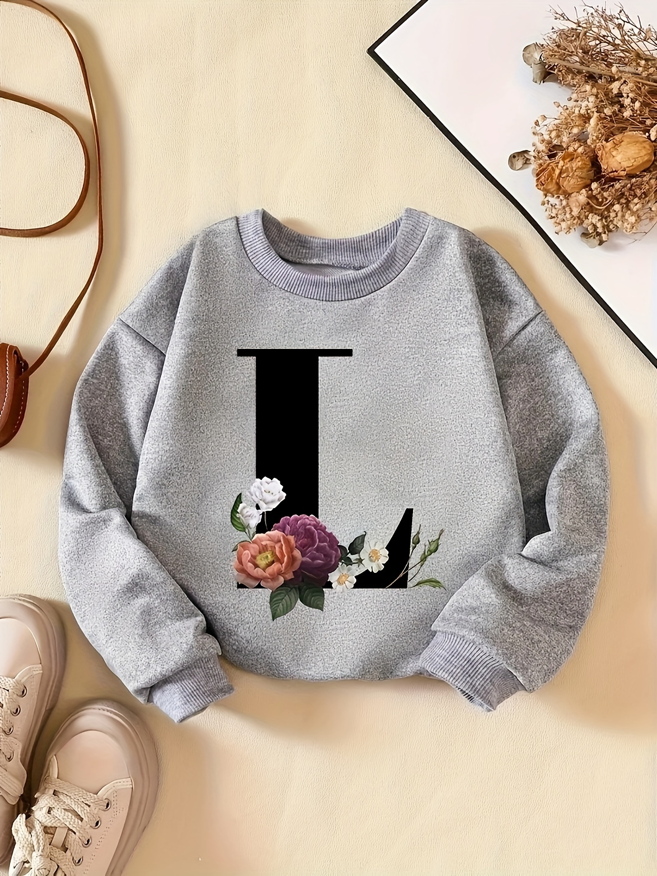 Blomster ''L'' tryk til piger med rund hals sweatshirt til - Temu Denmark