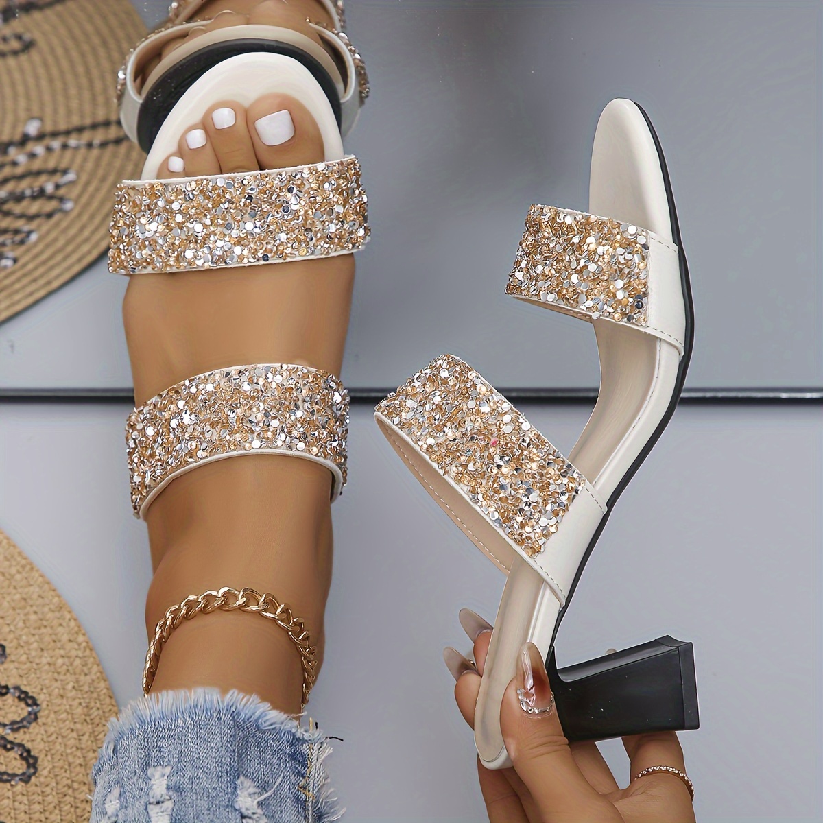 Womens Rhinestone Decor Block Heeled Sandals Fashion Open - Temu United ...