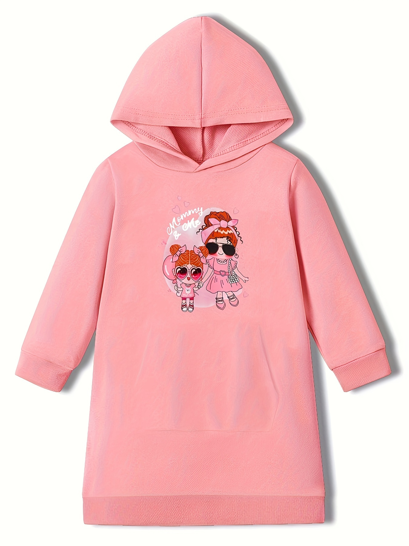 Print Hooded Dress Cartoon Girl Graphic Mommy Girls Longline - Temu ...
