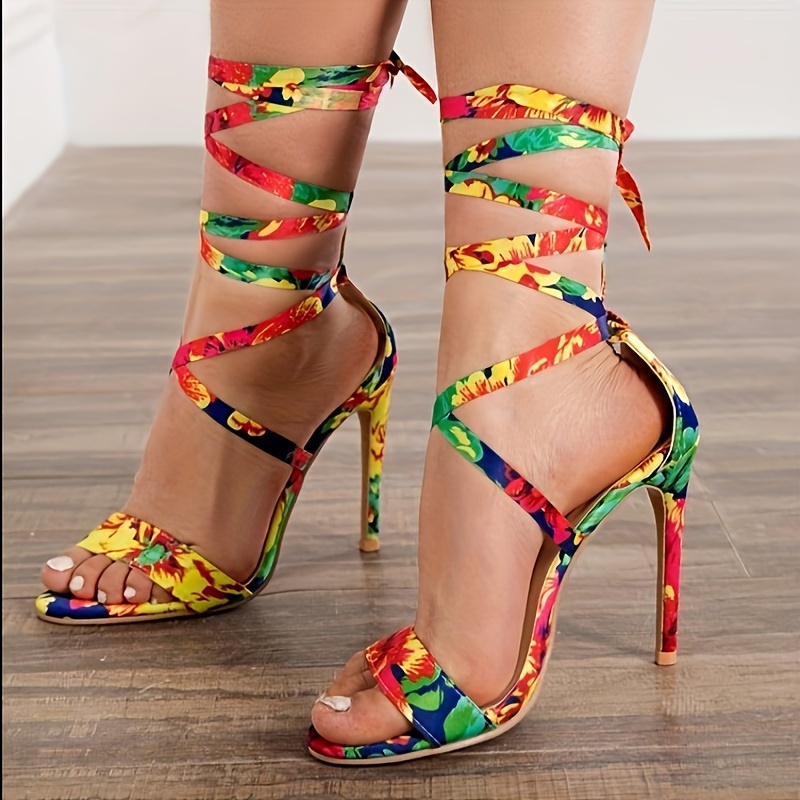 Women's Colorful Floral Print Sandals Crisscross Straps High - Temu ...