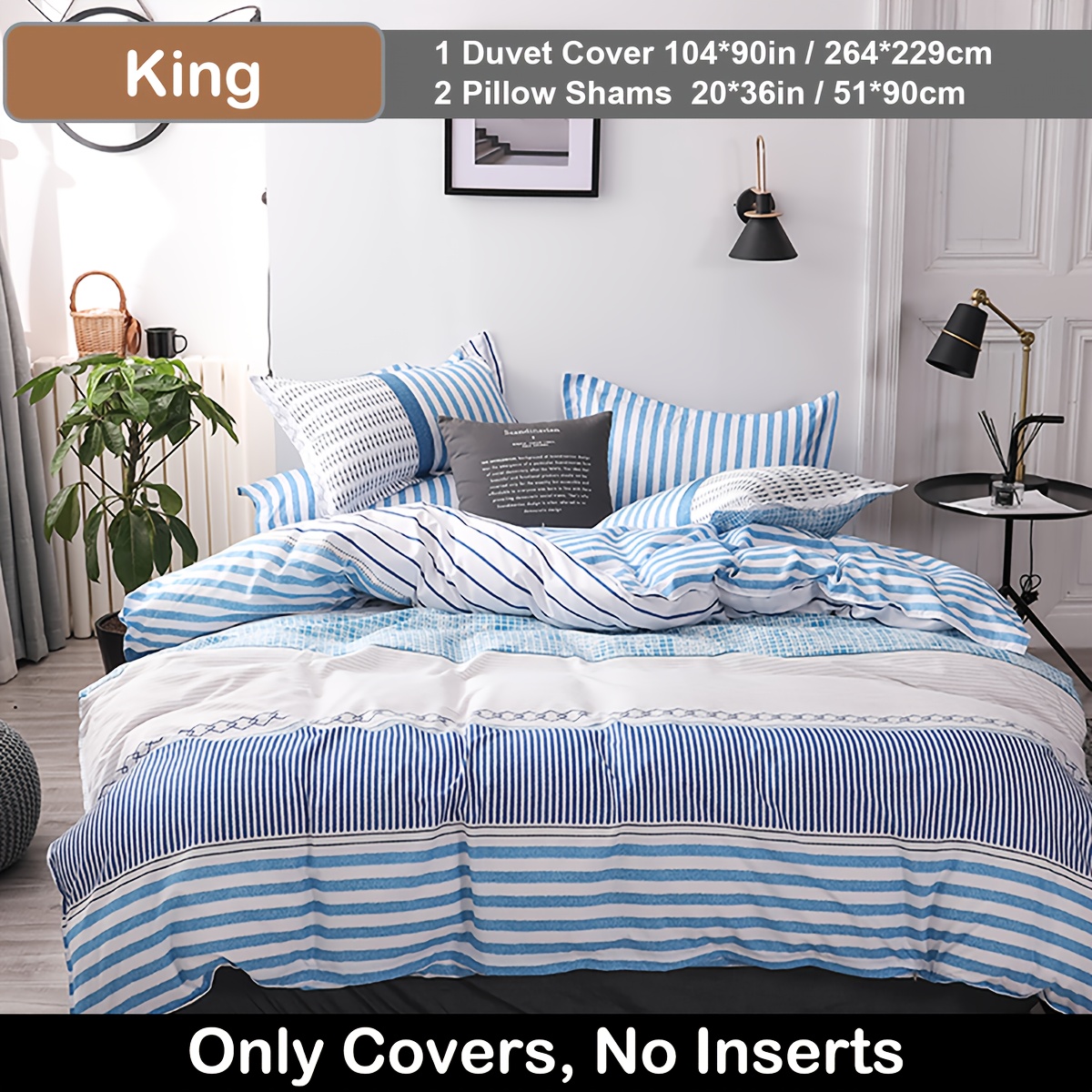 Fashion Duvet Cover Set Blue Striped Print Polyester Bedding - Temu Canada