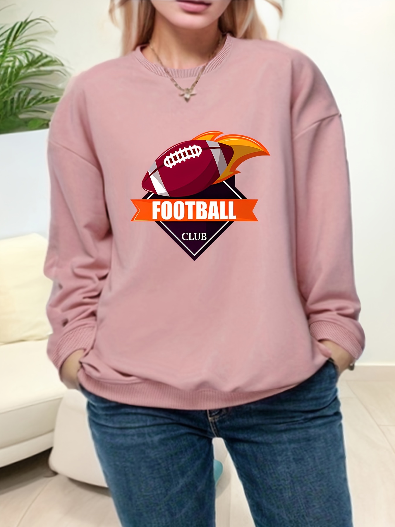 Rugby Print Sweatshirt Plus Size Casual Long Sleeve Plush - Temu Canada