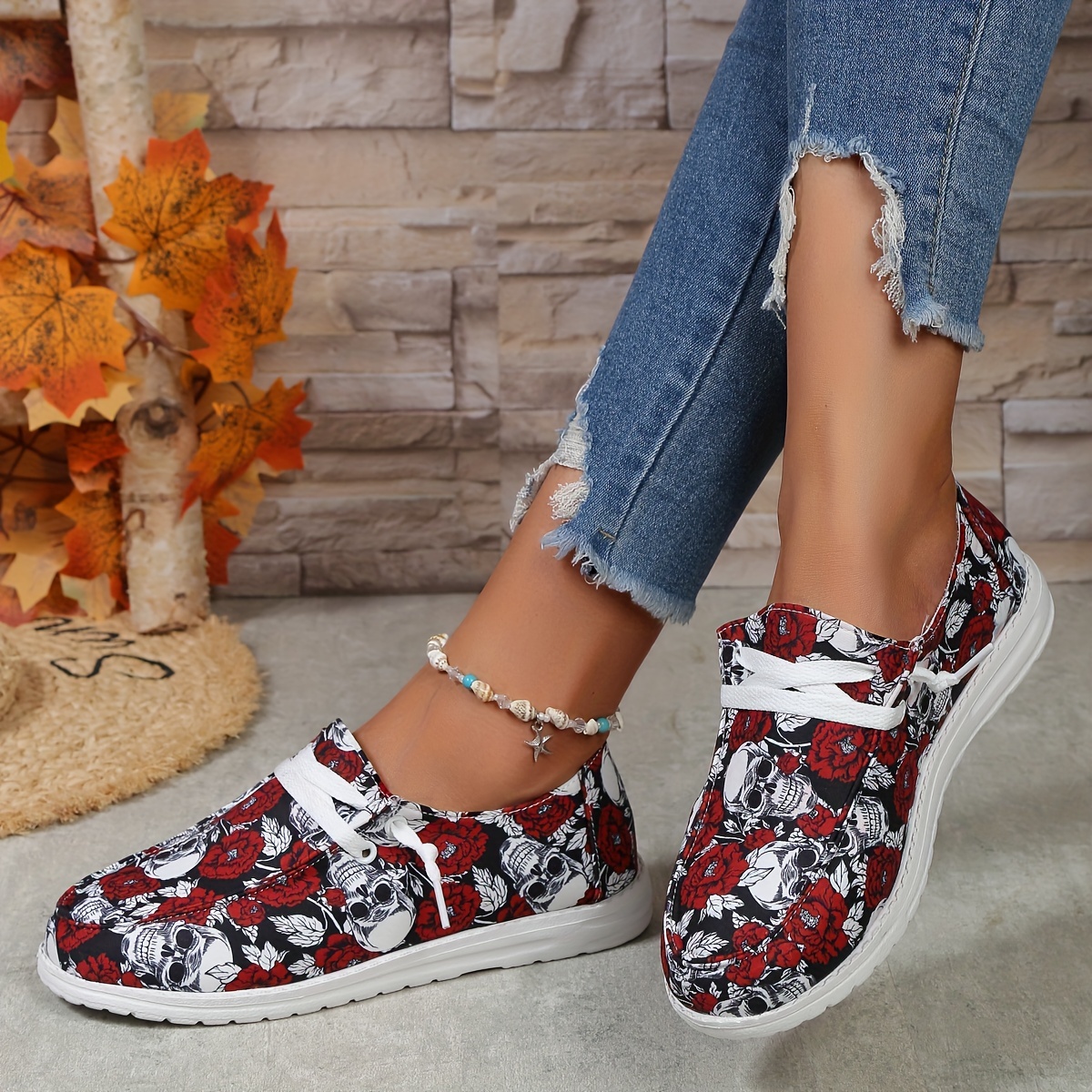 Flower Print Canvas Shoes Women S Skull Casual Lace Outdoor Temu New Zealand