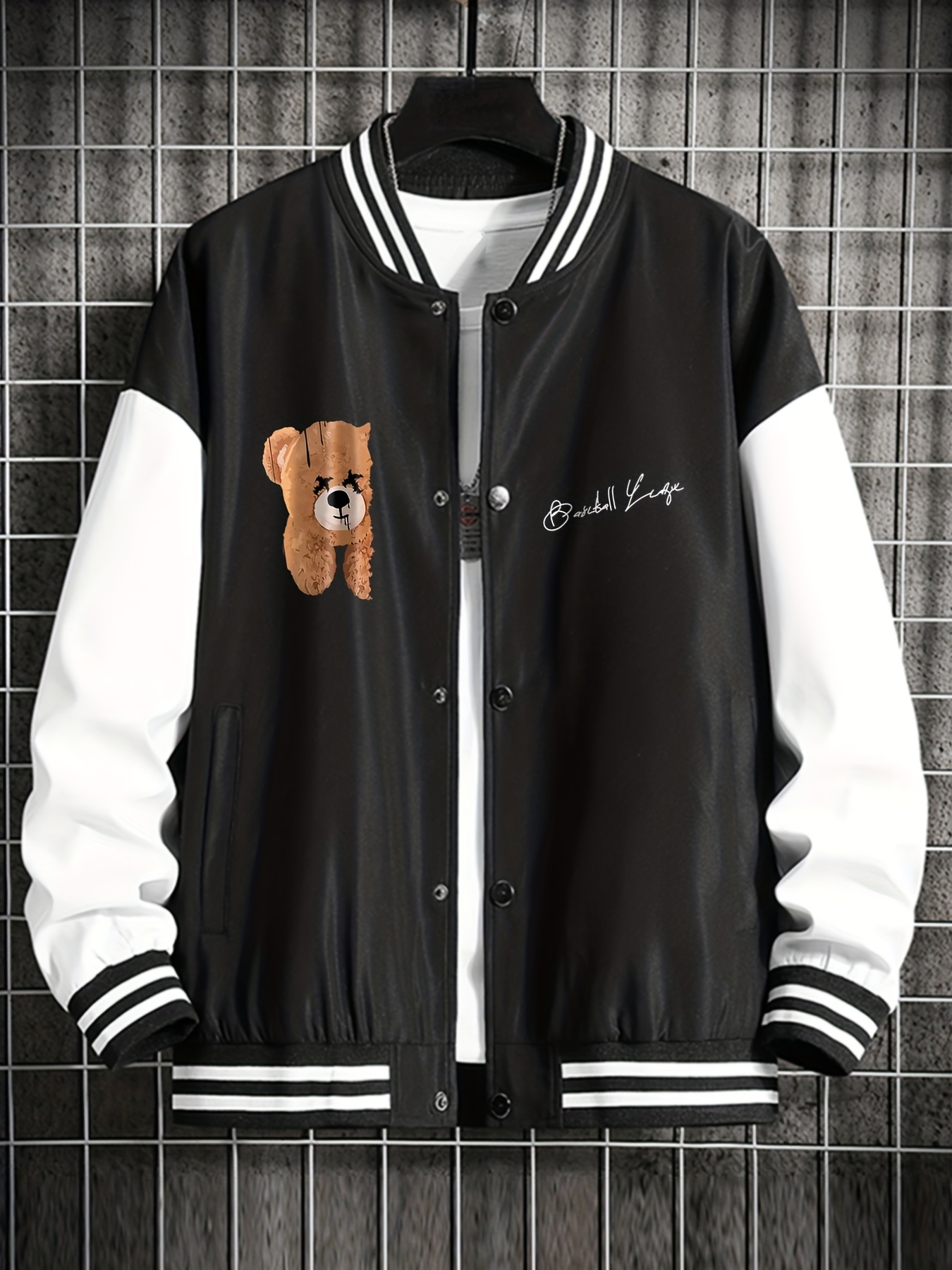 Plus Size Men's Cartoon Bear Graphic Print College Varsity Jacket ...