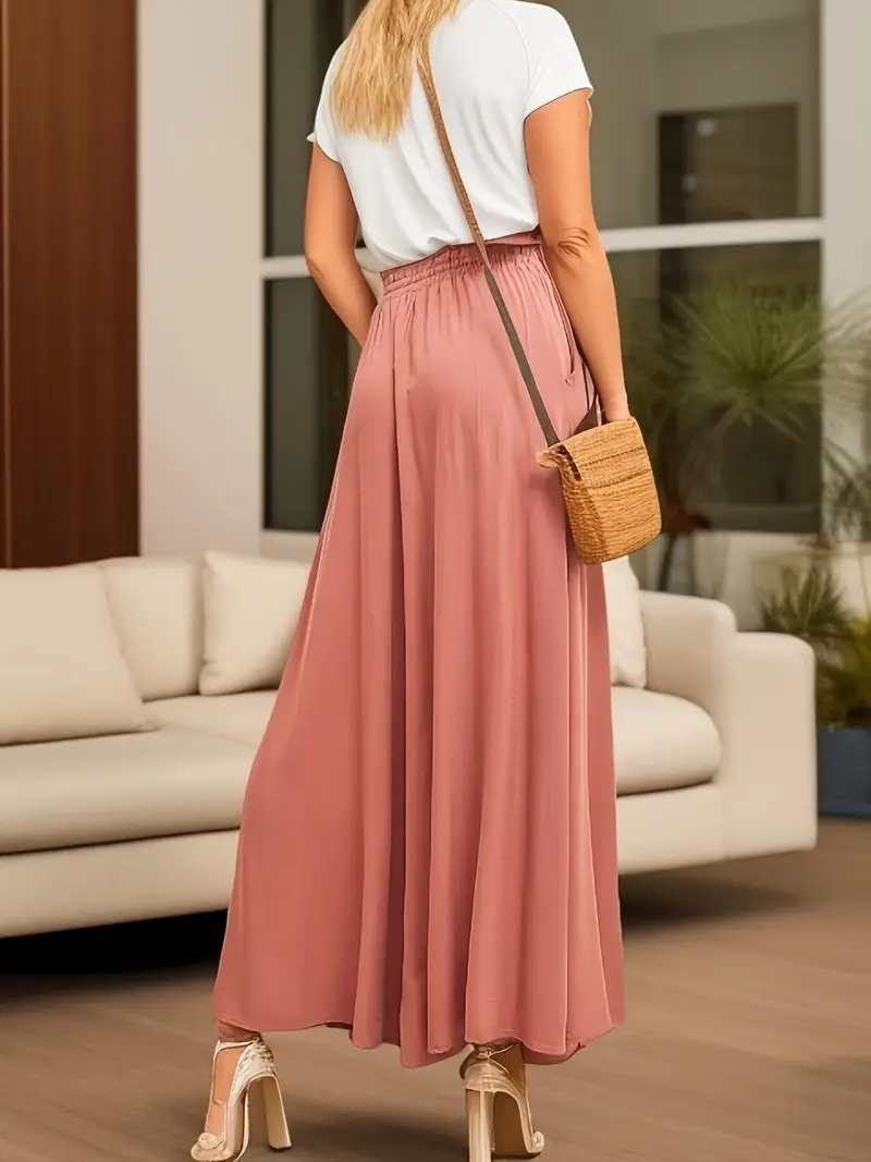 Solid Palazzo Pants Casual Elastic Waist Wide Leg Pants Temu