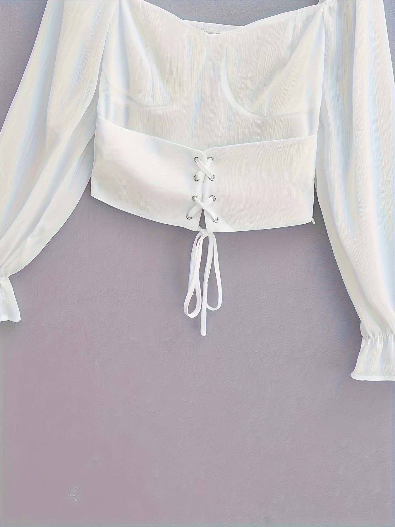 Solid Cross Tie Crop Blouse Versatile Square Neck Long - Temu