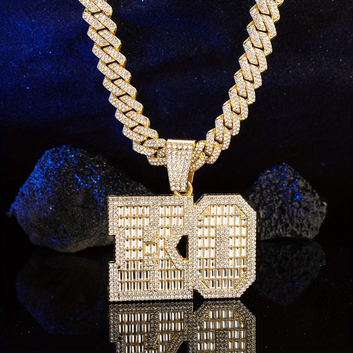Hip Hop Rhinestone Glittering Letter Ko Pendant Cuban Chain - Temu ...