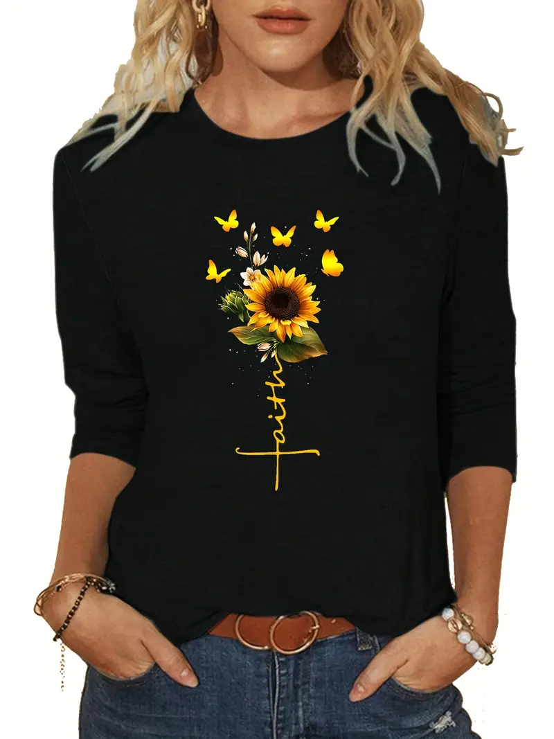 Casual T Shirt Plus Size Women S Plus Sunflower Butterfly Temu Australia