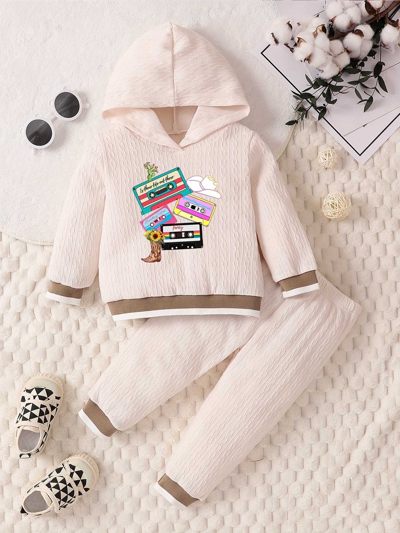 Tape Print Outfit Boy's Jacquard Hoodie Sweatpants Set - Temu New Zealand