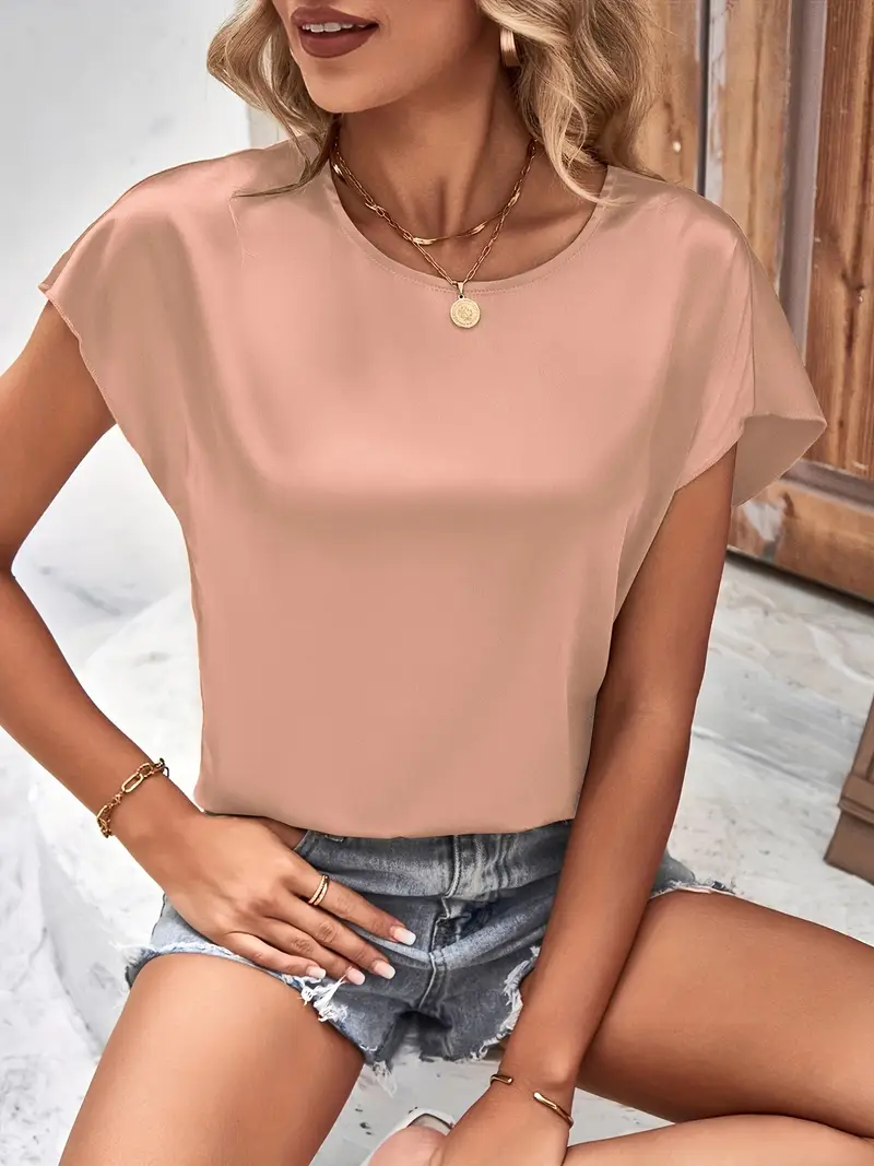 Solid Simple Blouse Casual Crew Neck Short Sleeve Blouse Temu Australia