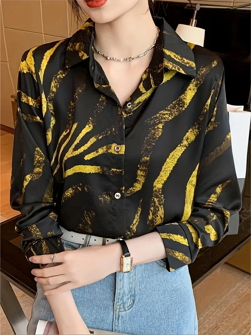 Abstract Print Button Front Blouse Casual Long Sleeve Blouse Temu Ireland