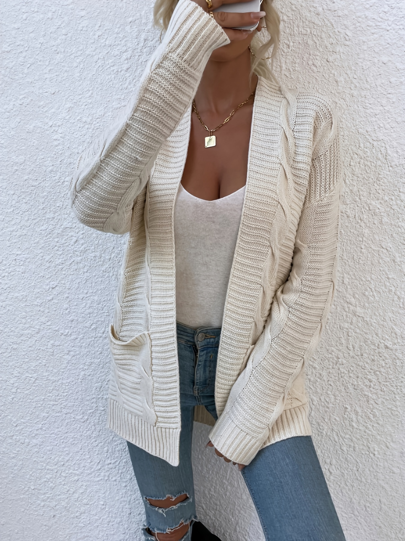 cable knit open front cardigan versatile solid patched - Temu Australia