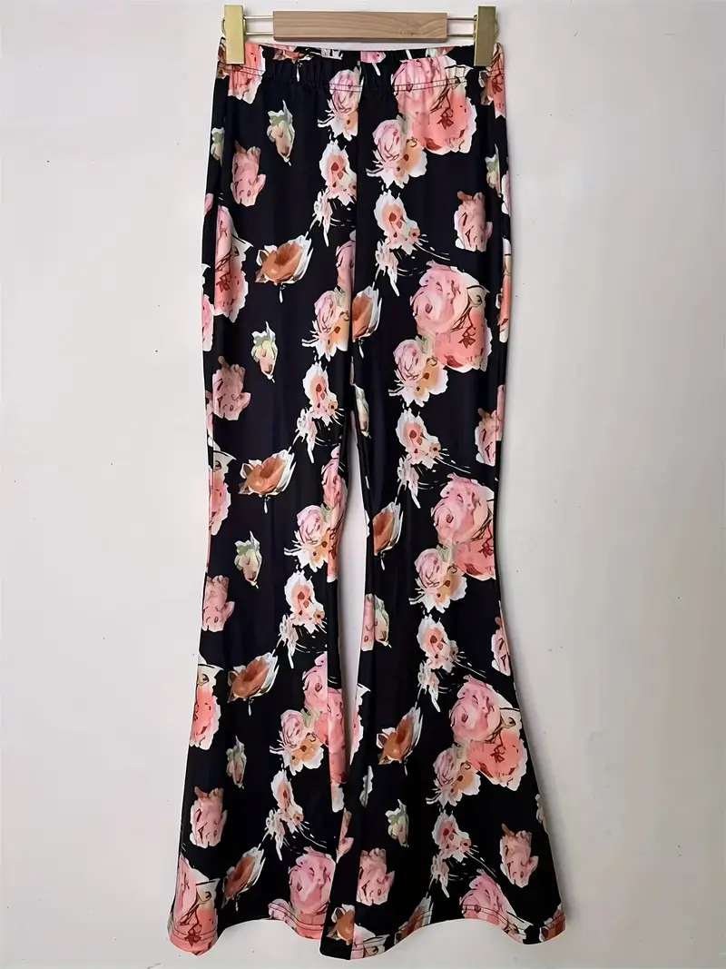 Floral Print Flare Leg Pants Casual High Waist Pants Spring Temu