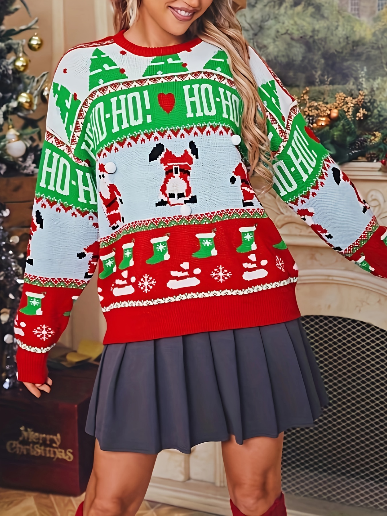 Christmas Patten Crew Neck Pullover Sweater Casual Long - Temu Canada