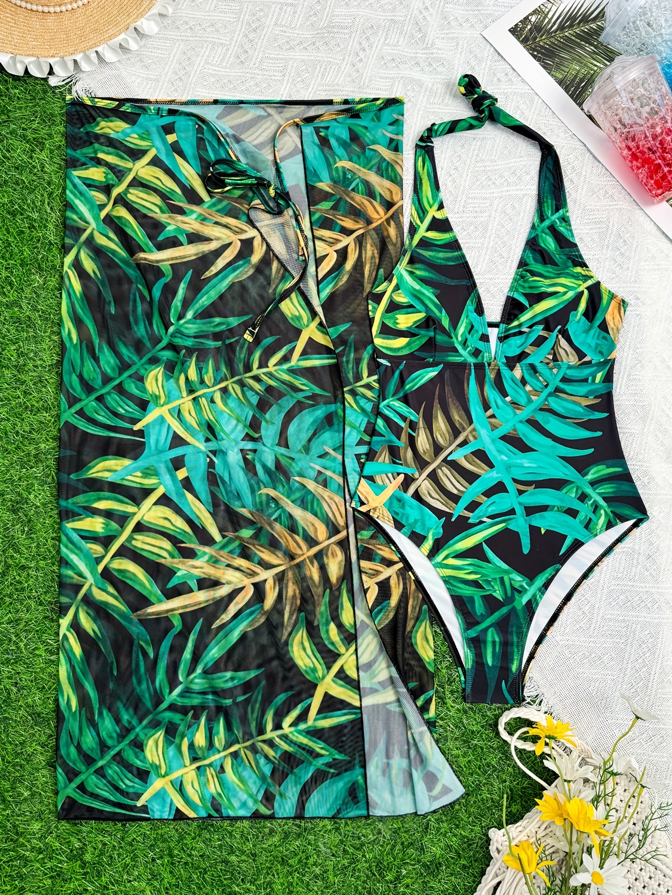 Leaf Print Swimsuits Halter V Neck High Cut - Temu Philippines