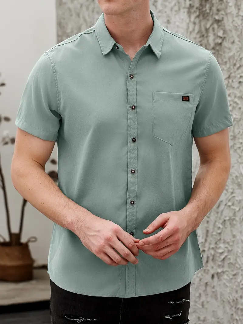 Mens Trendy Lapel Shirt Chest Pocket Casual Button Short Temu Norway