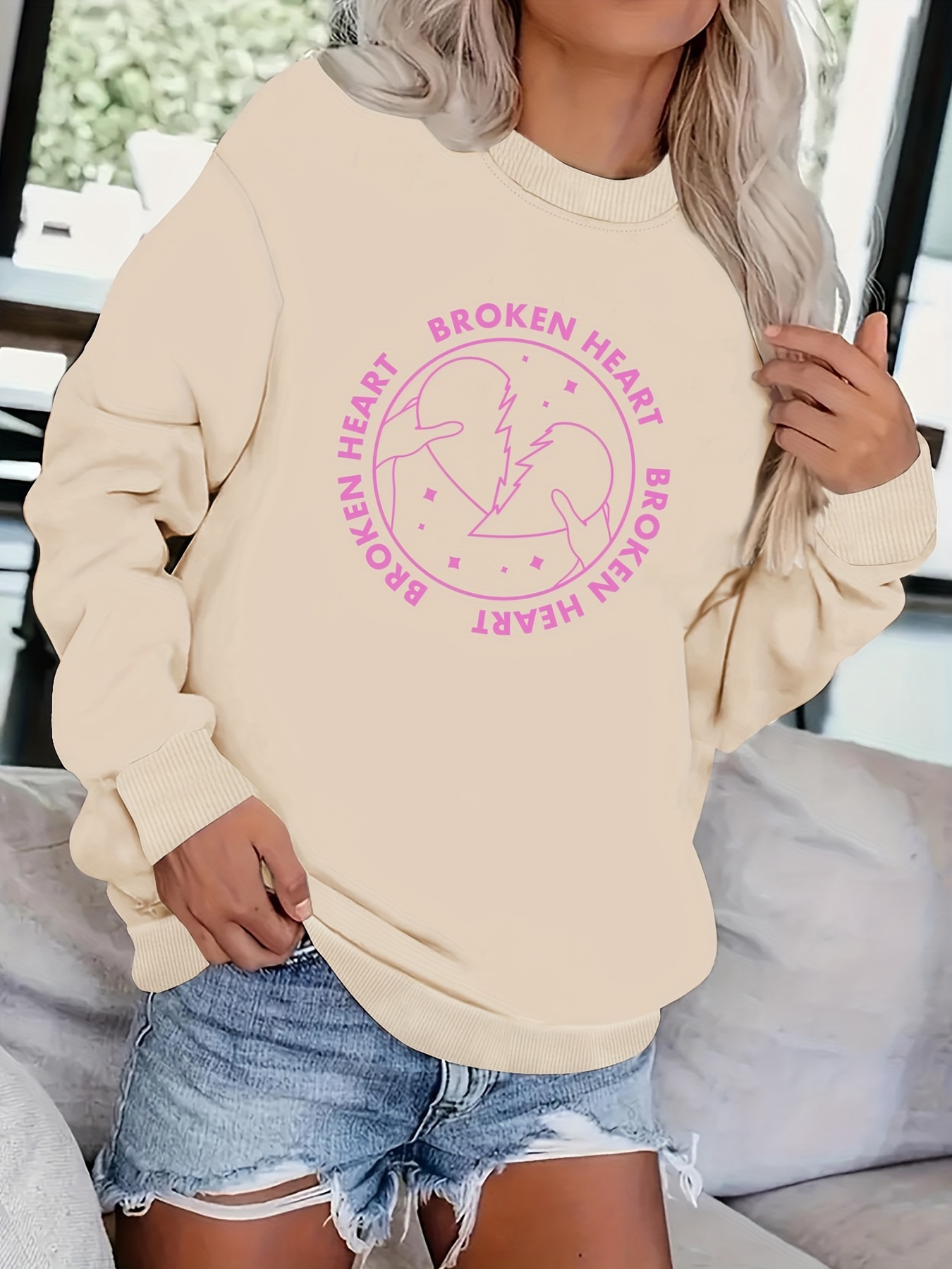 Broken Heart Print Casual Loose Long sleeved Sweatshirt - Temu Australia