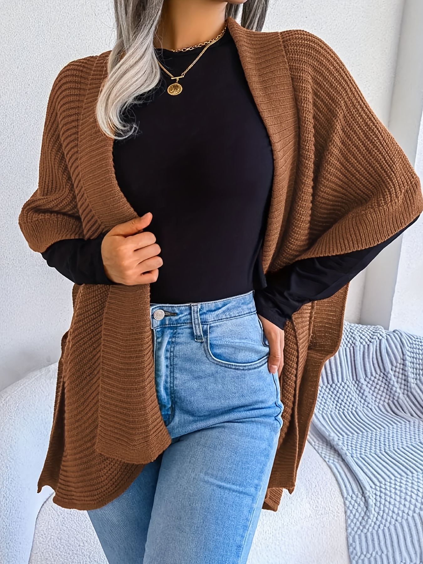 Solid Rib Knit Cardigan Casual Open Front Short Sleeve - Temu Australia