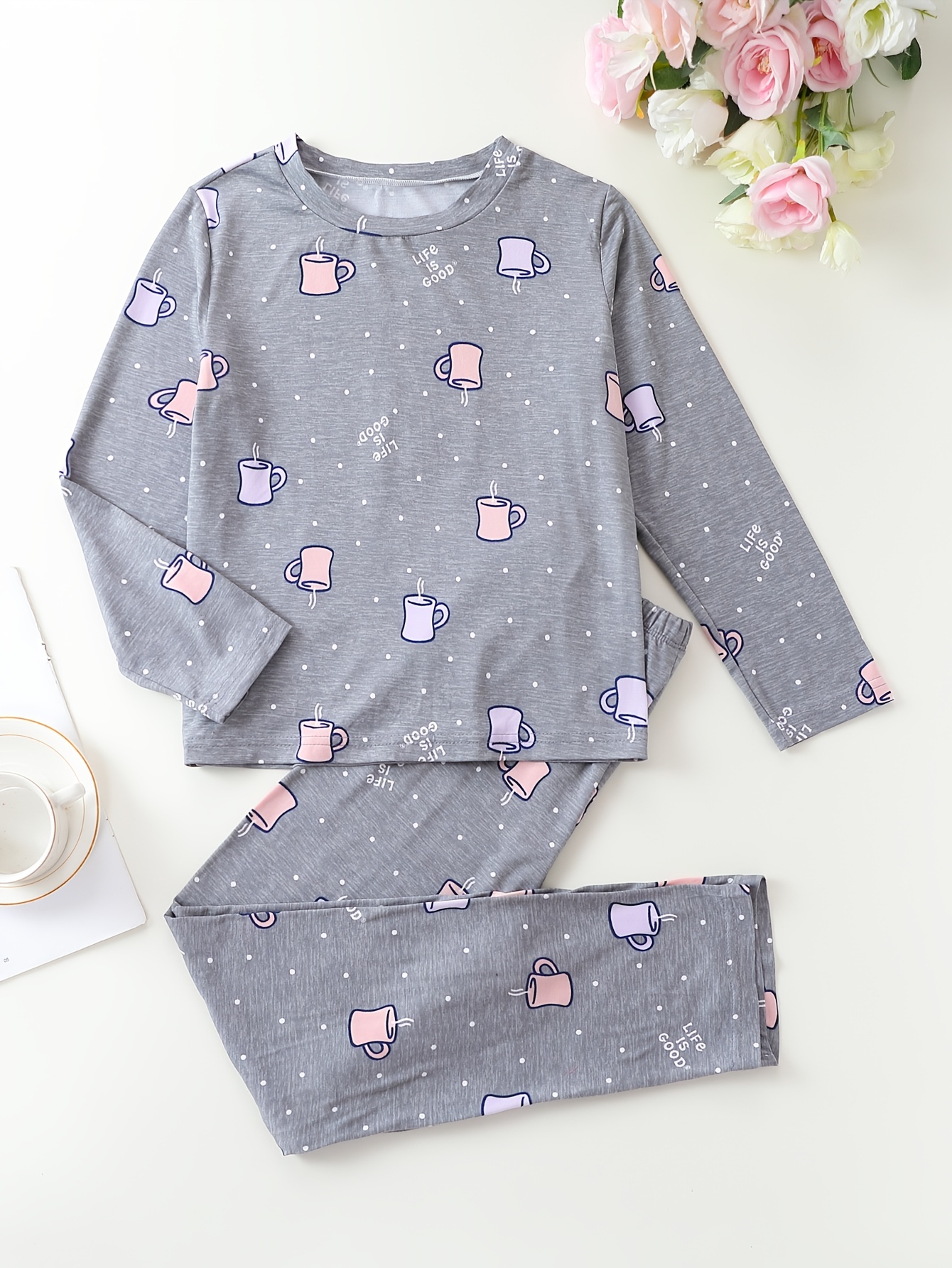 Cartoon Coffee Pattern Pajamas Kids Long Sleeve Top Pants - Temu New ...