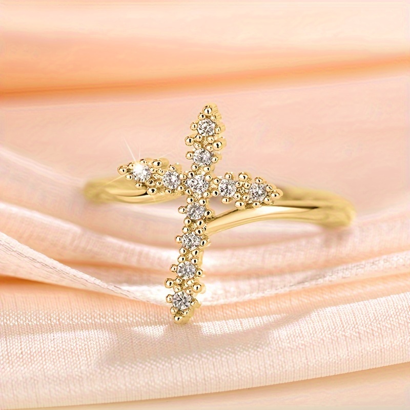 Chic Ring Trendy Cross Design Paved Shining Zirconia Silvery - Temu ...