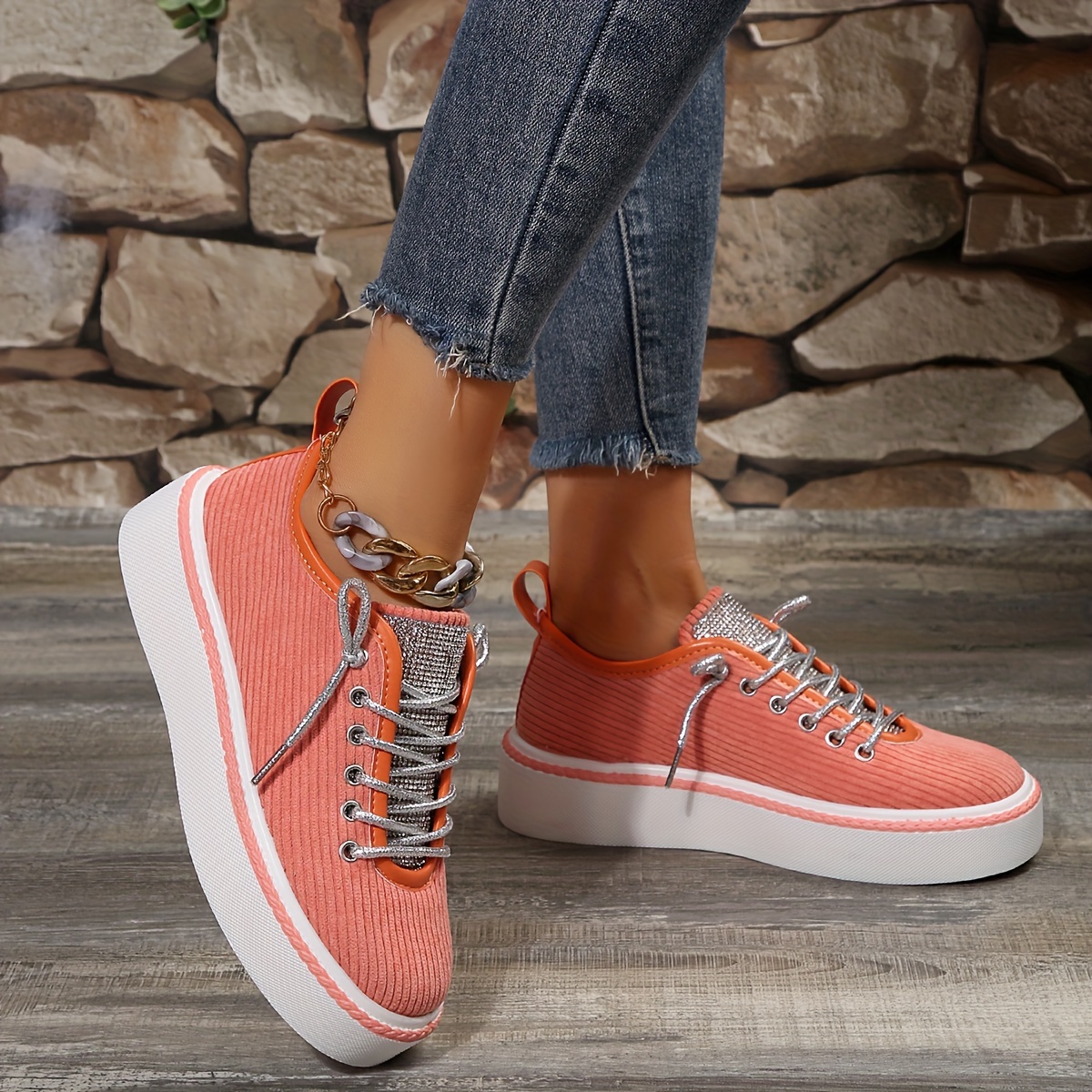 Women s Rhinestone Decor Platform Sneakers Casual Lace - Temu New Zealand