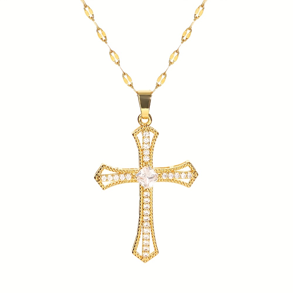 Religious Cross Zircon Pendant Necklace Stainless Steel - Temu Australia