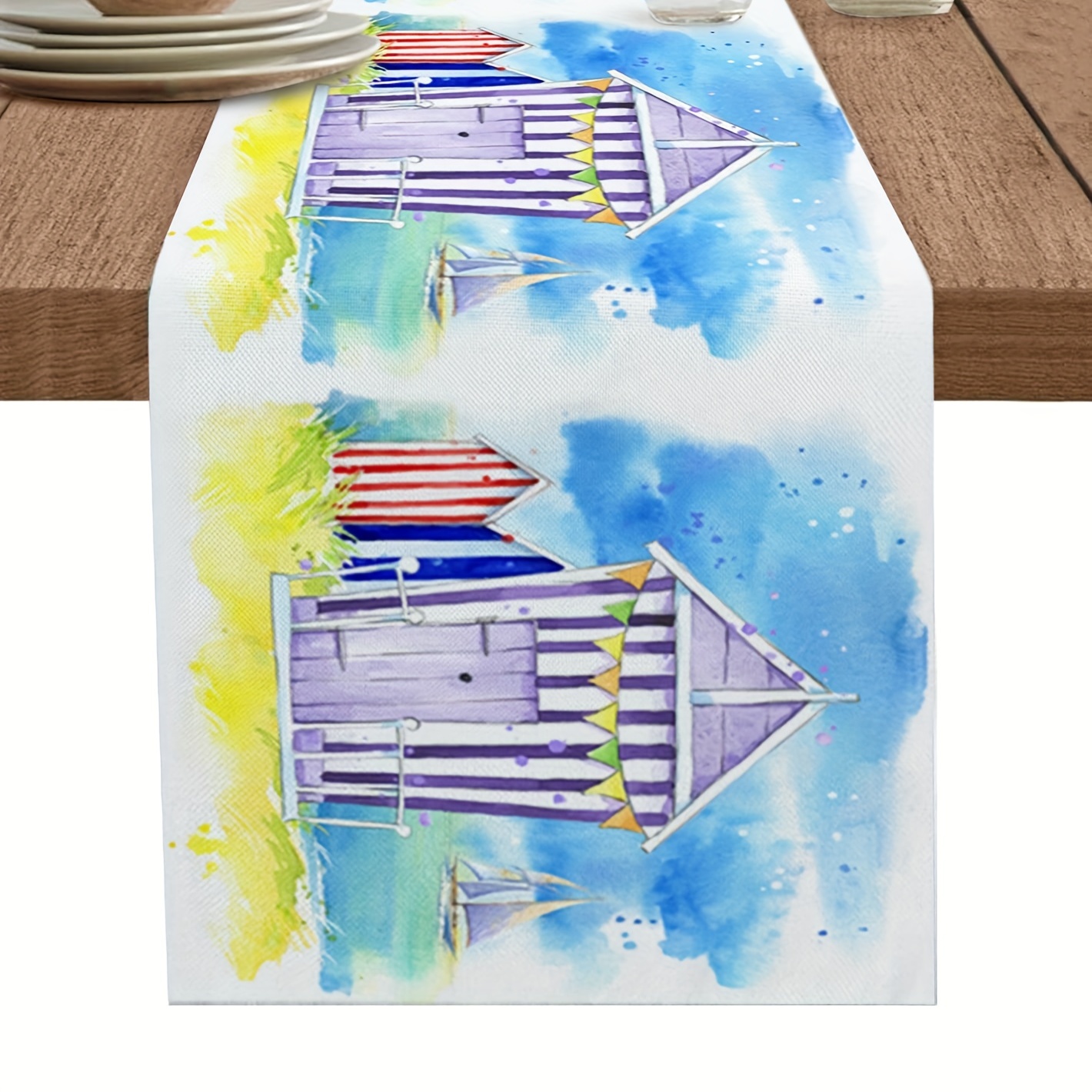 long summer watercolor wooden house sailboat linen table - Temu New Zealand