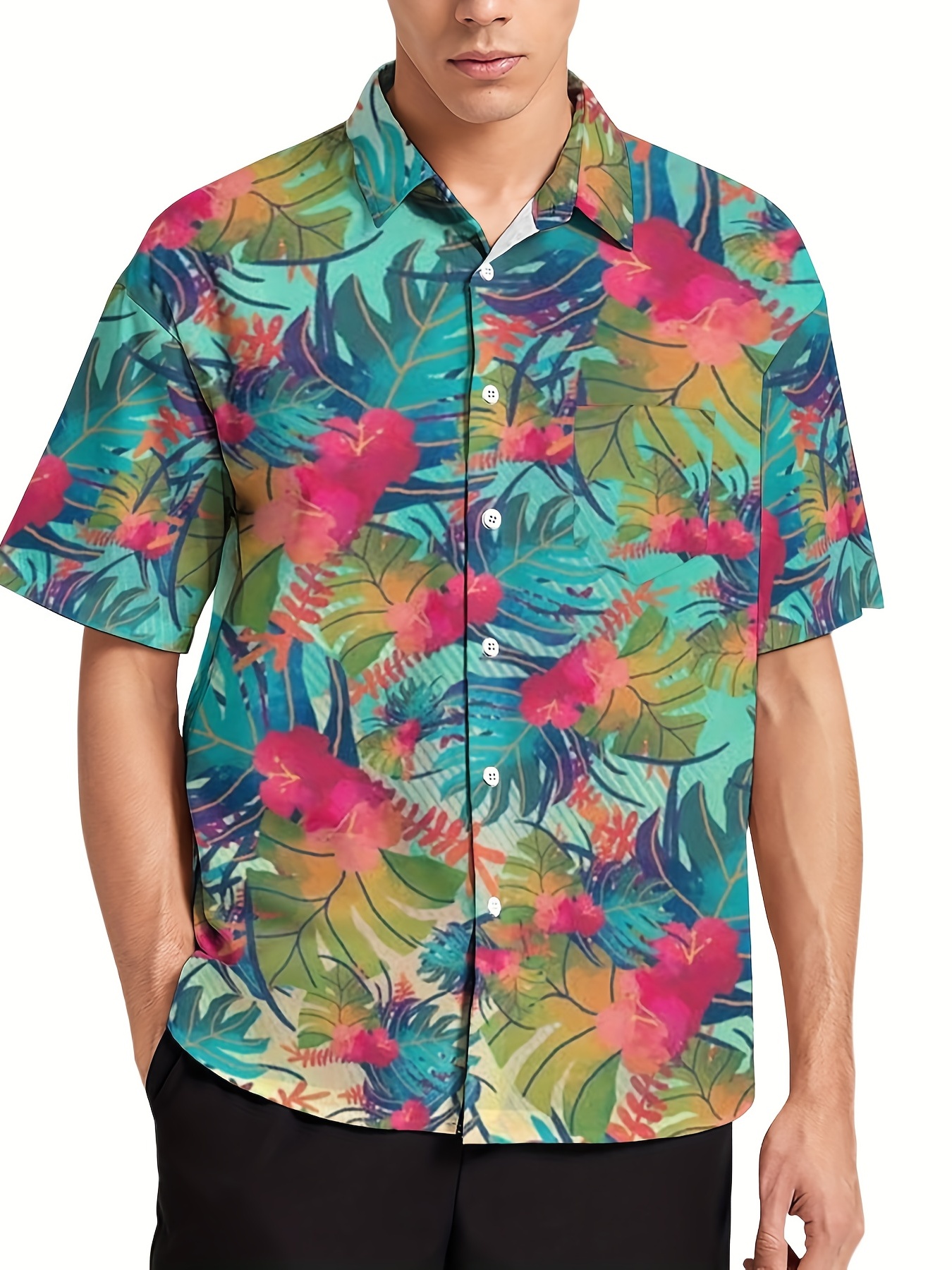 Colorful Tropical Pattern Casual Short Sleeve Shirt, Men's Hawaiian ...