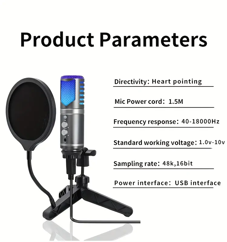 Pc 및 Mac에서 녹음 및 스트리밍을 위한 Usb 마이크 팟캐스트용 헤드폰 출력 및 게인 제어 스튜디오 전 Temu