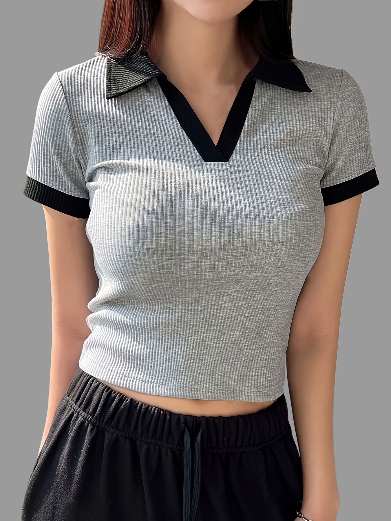 Contrast Trim Turn Collar T shirt Y2k Ribbed Short Sleeve - Temu ...