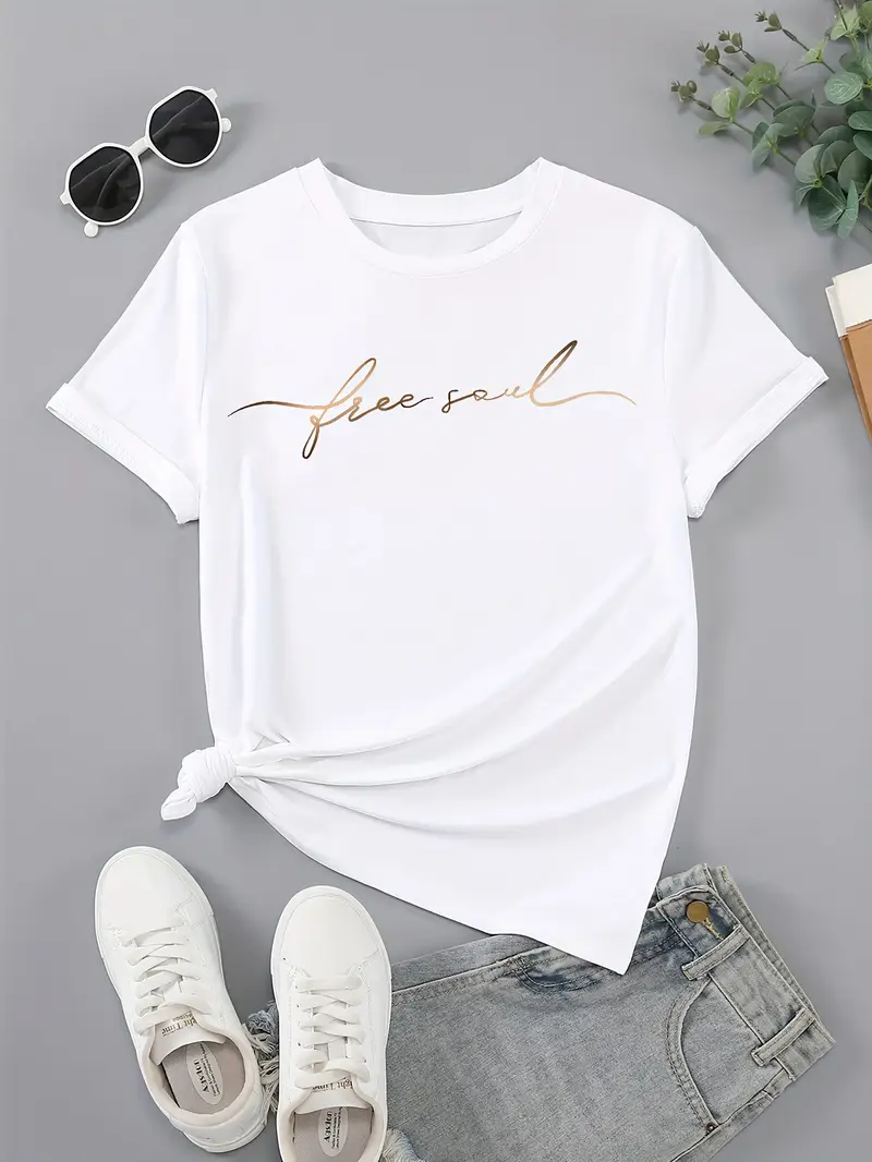 Letter Print Crew Neck T Shirt Casual Short Sleeve Top Temu Canada