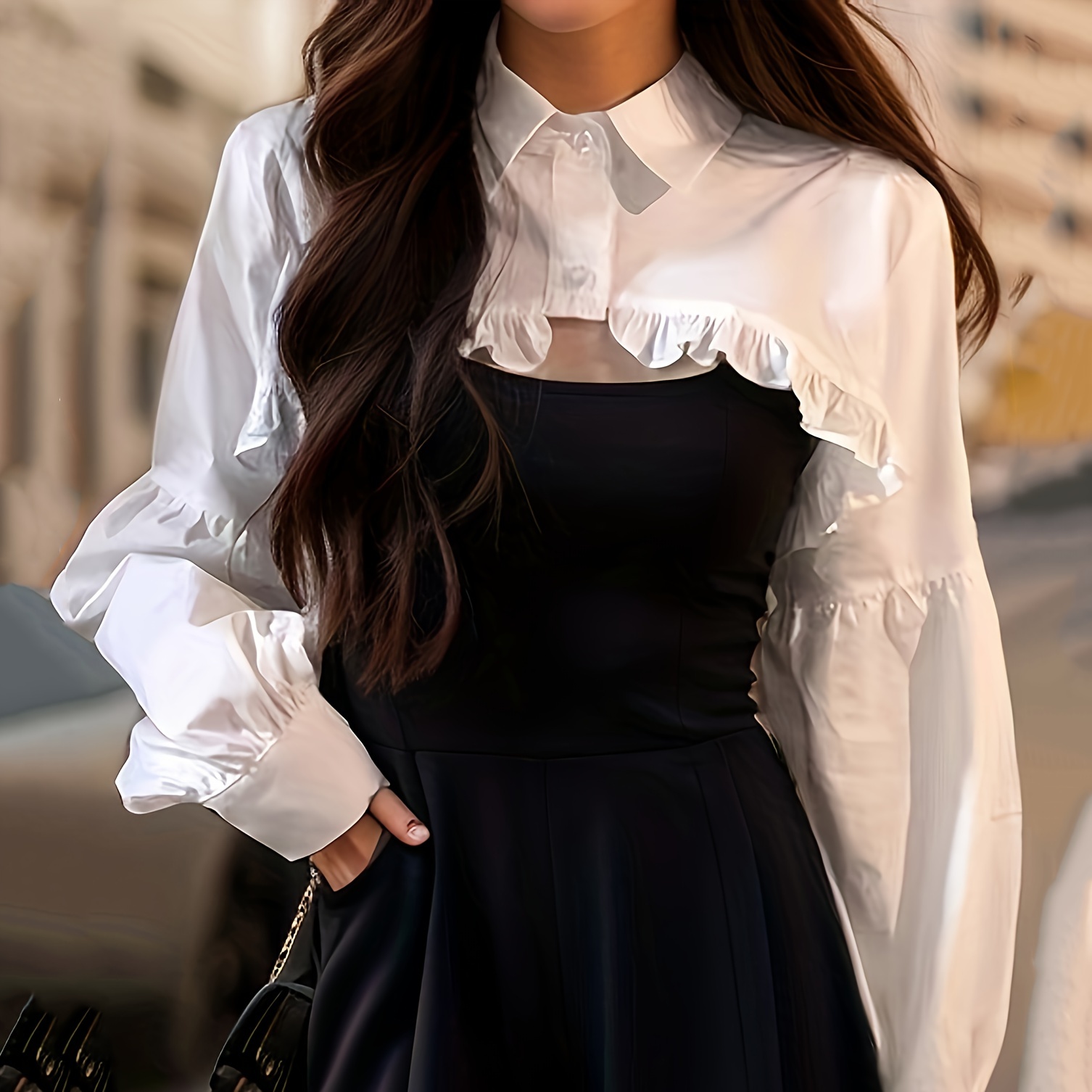 Solid Color Long Sleeves Collar Elegant Ruffle Edge - Temu