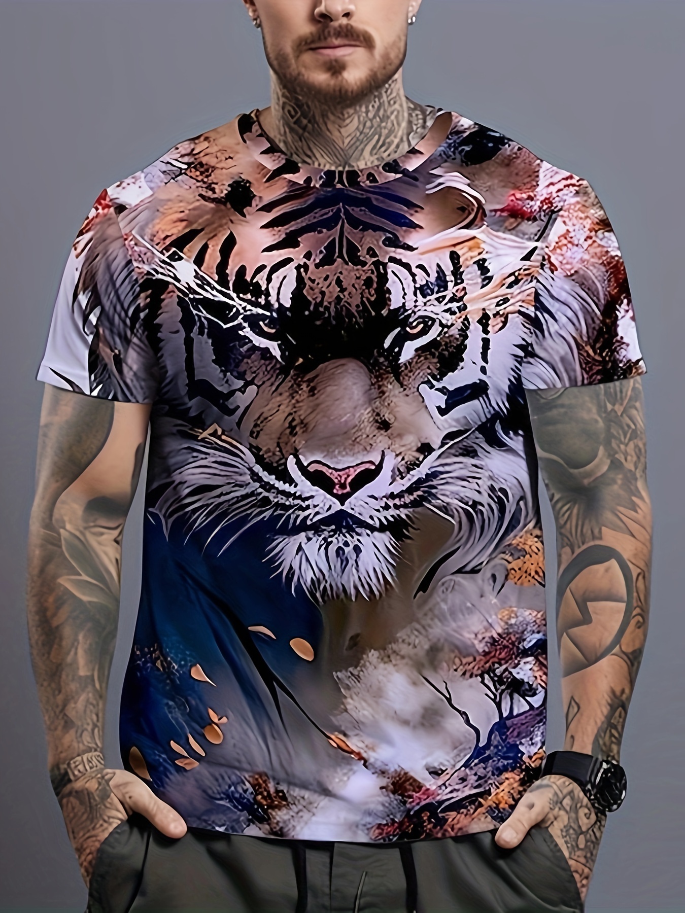 Cool Tiger Face 3d Graphic Print Men's Novelty Short Sleeve - Temu ...