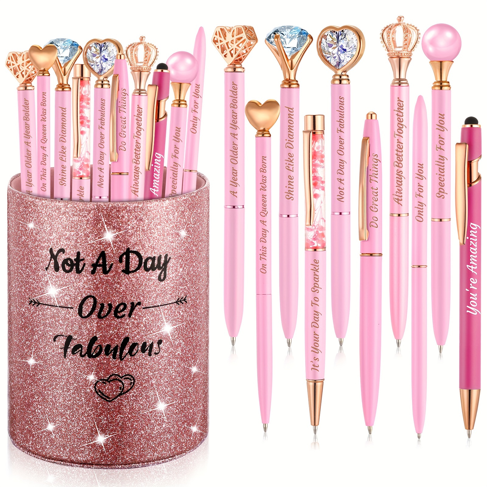 10pcs diamond ballpoint pens with glitter pen holder set for women desk ...