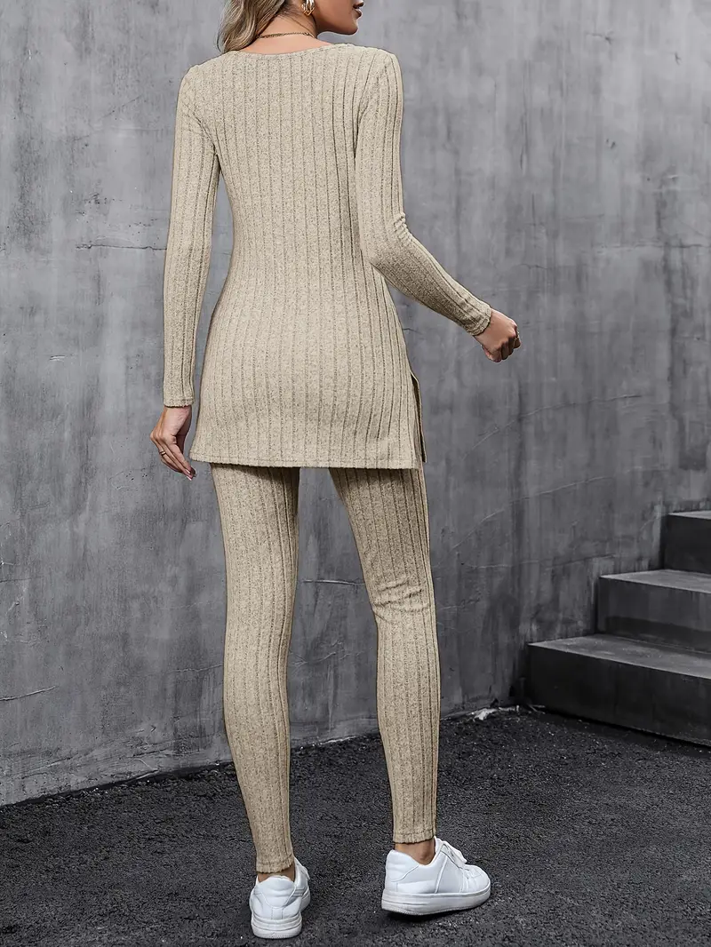 Casual Ribbed Two Piece Set Long Sleeve Side Split Top Pants Temu