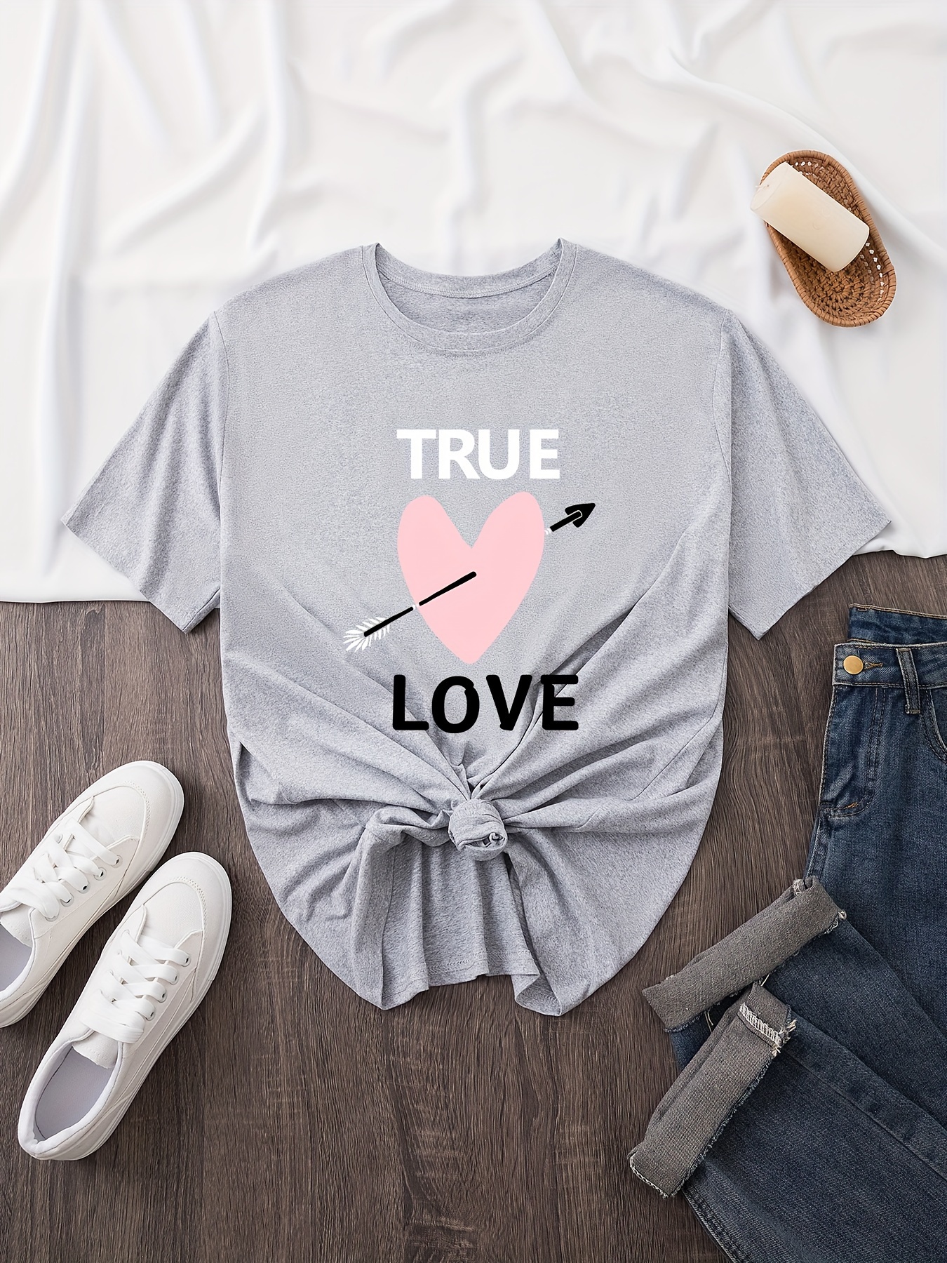 Heart Letter Print T shirt Plus Size Casual Short Sleeve Top - Temu Australia