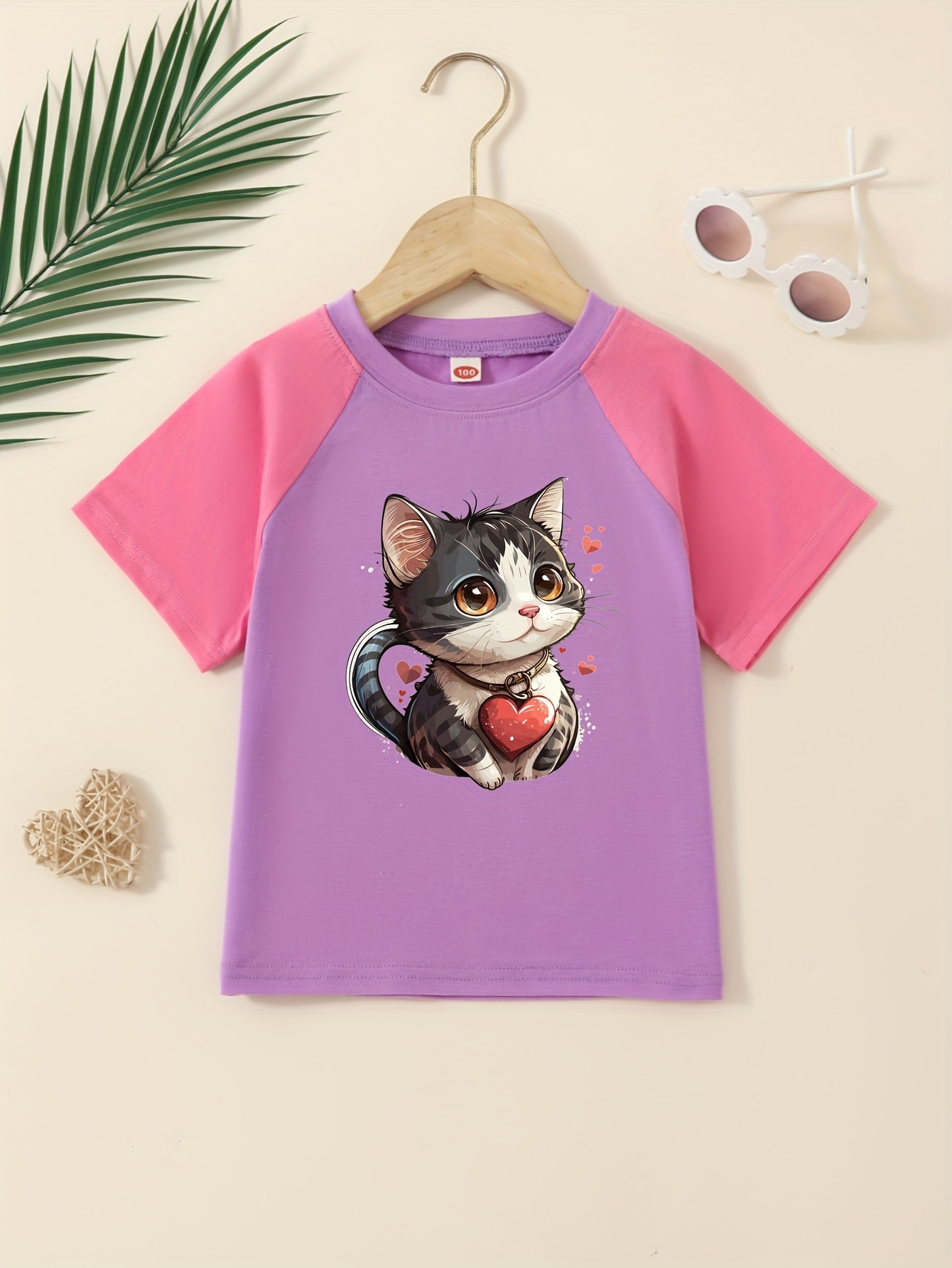 Cartoon Cat Pattern Crew Neck T shirt Girls Casual Comfy - Temu Australia