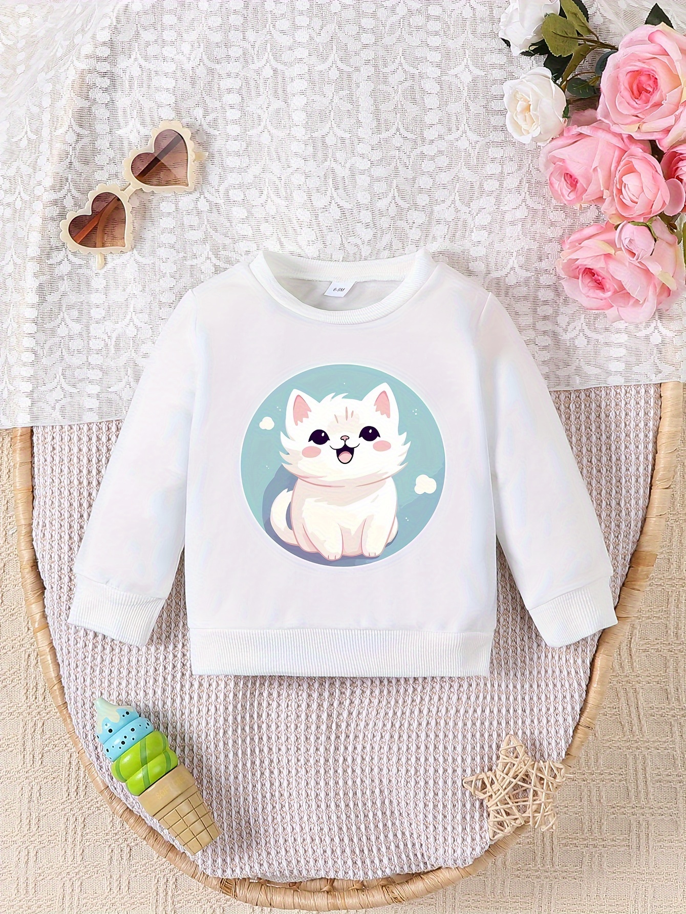 Baby Girl Cute White Cat Print Sweatshirt Crew Neck Long - Temu Ireland
