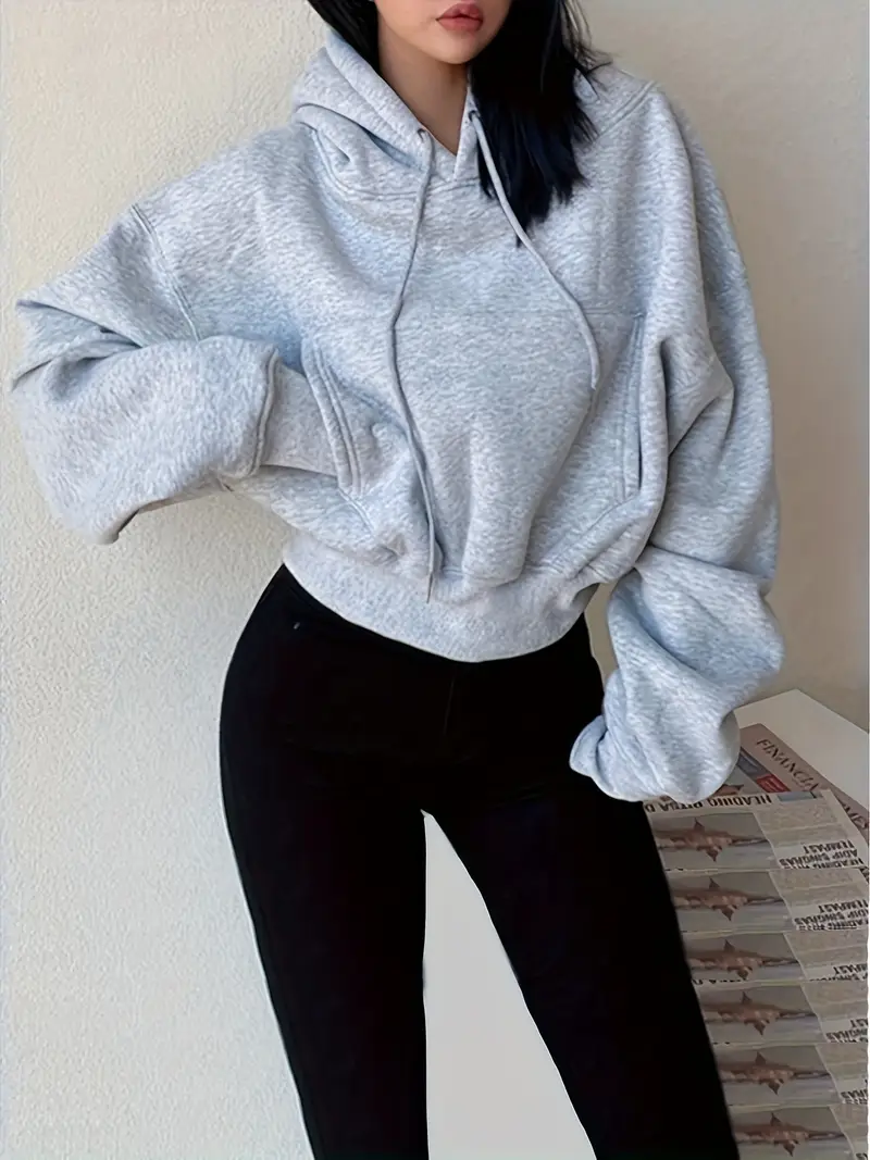 Solid Drawstring Hoodie Casual Long Sleeve Kangaroo Pocket Temu Canada