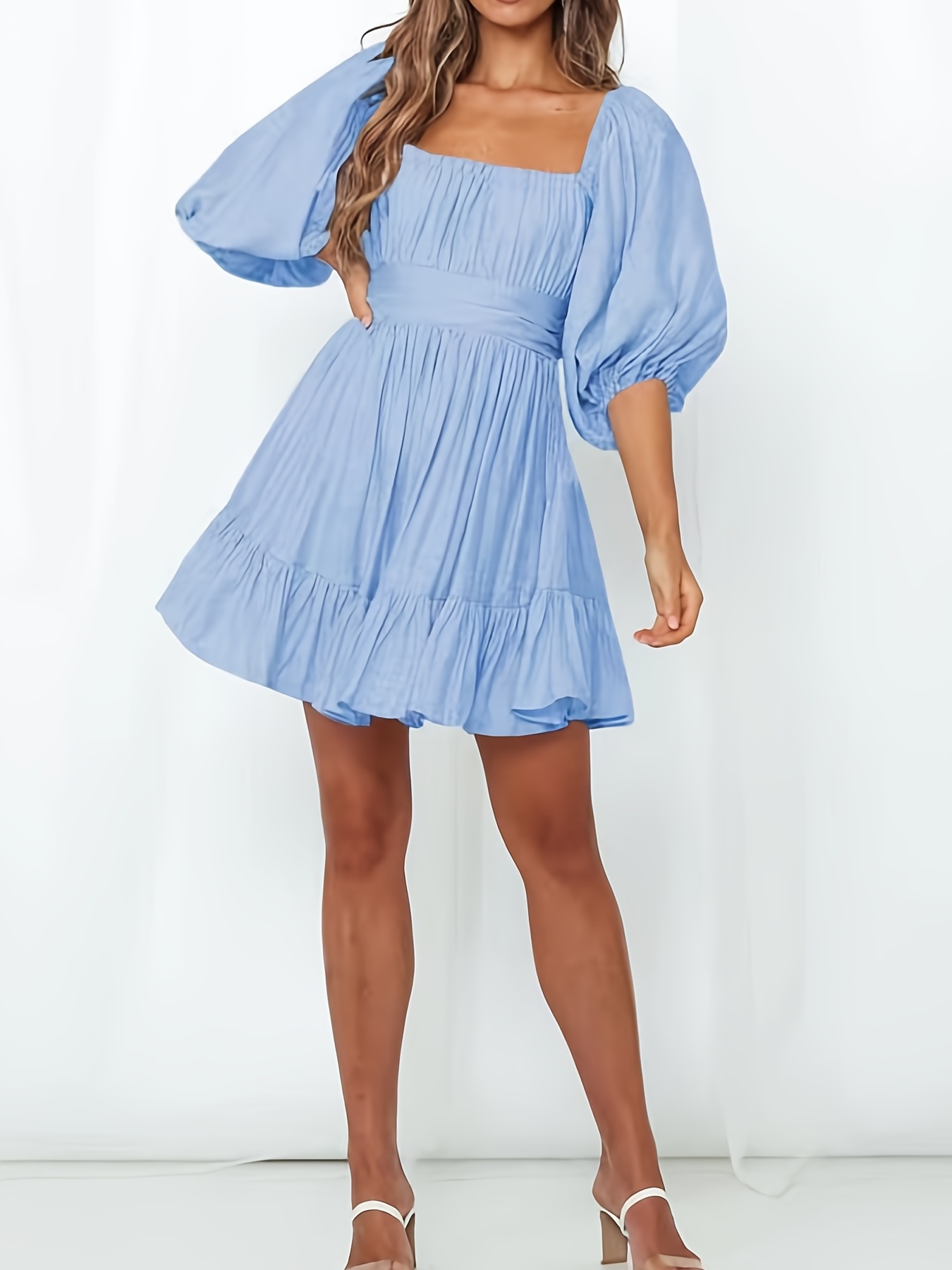 ruffle hem back knot dress square neck short sleeve dress - Temu Canada