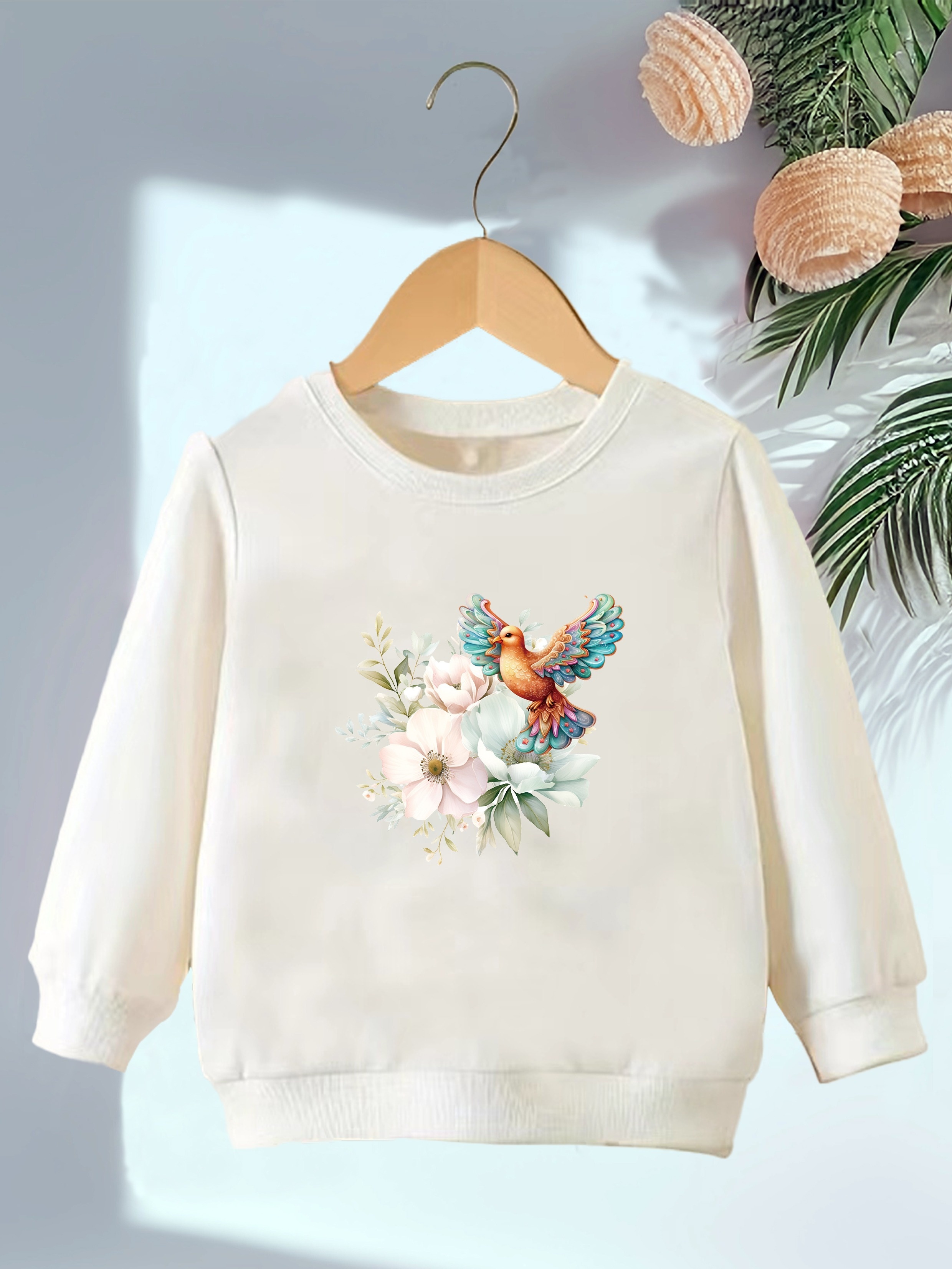 Beautiful Bird Flower Print Girls Graphic Long Sleeve - Temu Australia