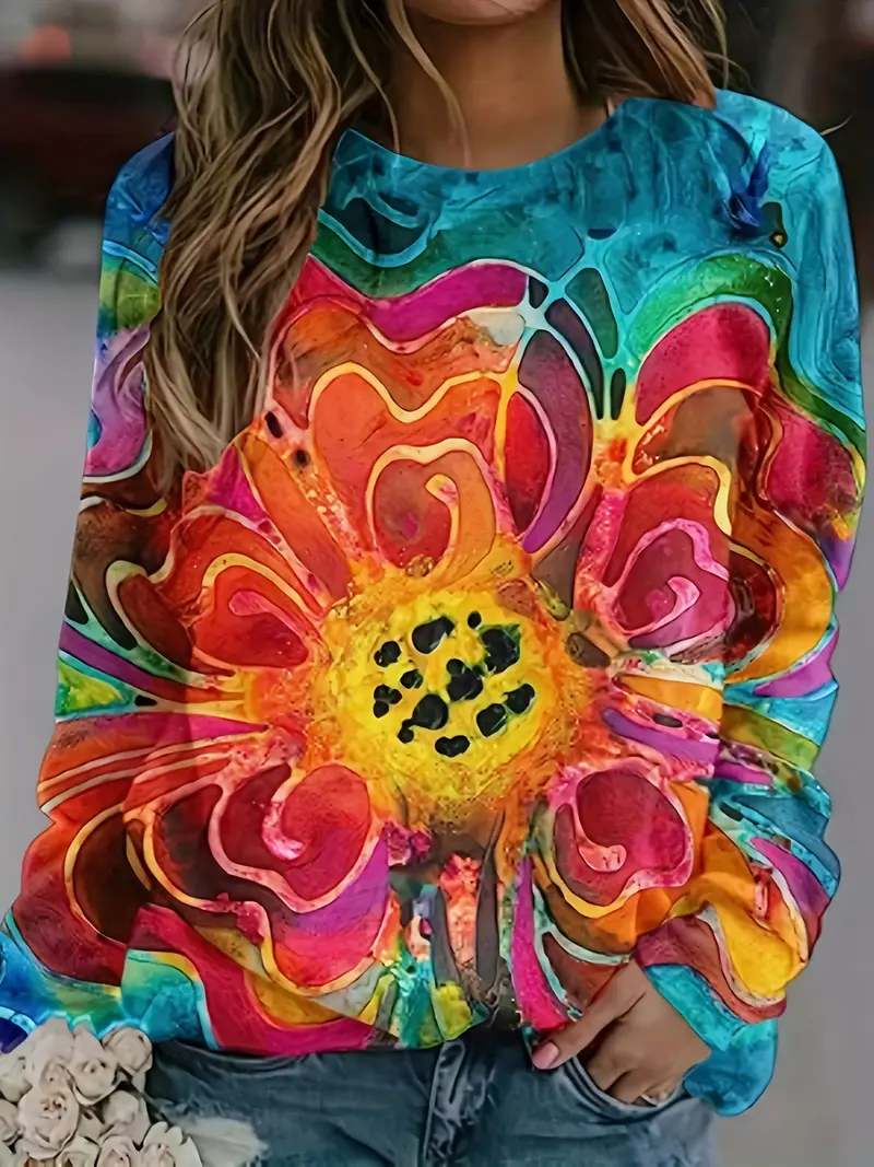 Colorful Floral Print Crew Neck T Shirt Casual Long Sleeve Temu Canada