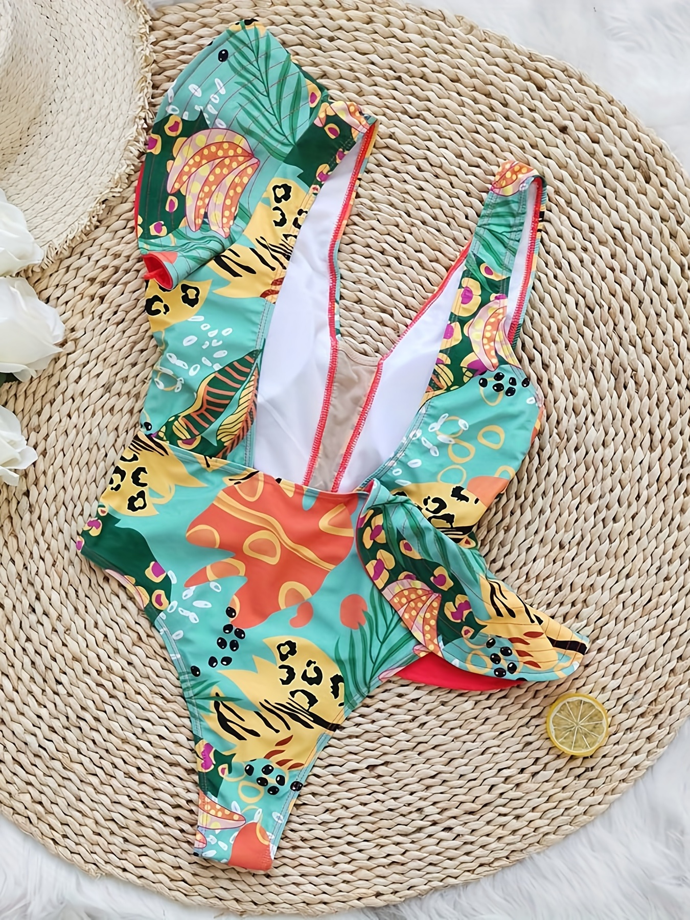 Tropical Leaf Print Asymmetric Ruffle One Piece Swimsuit Deep V Neck