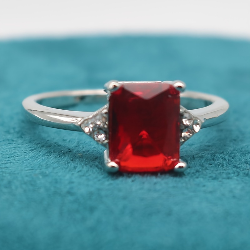 Inlaid Square Red Cubic Zirconia Ring Fashion Silver Color - Temu ...