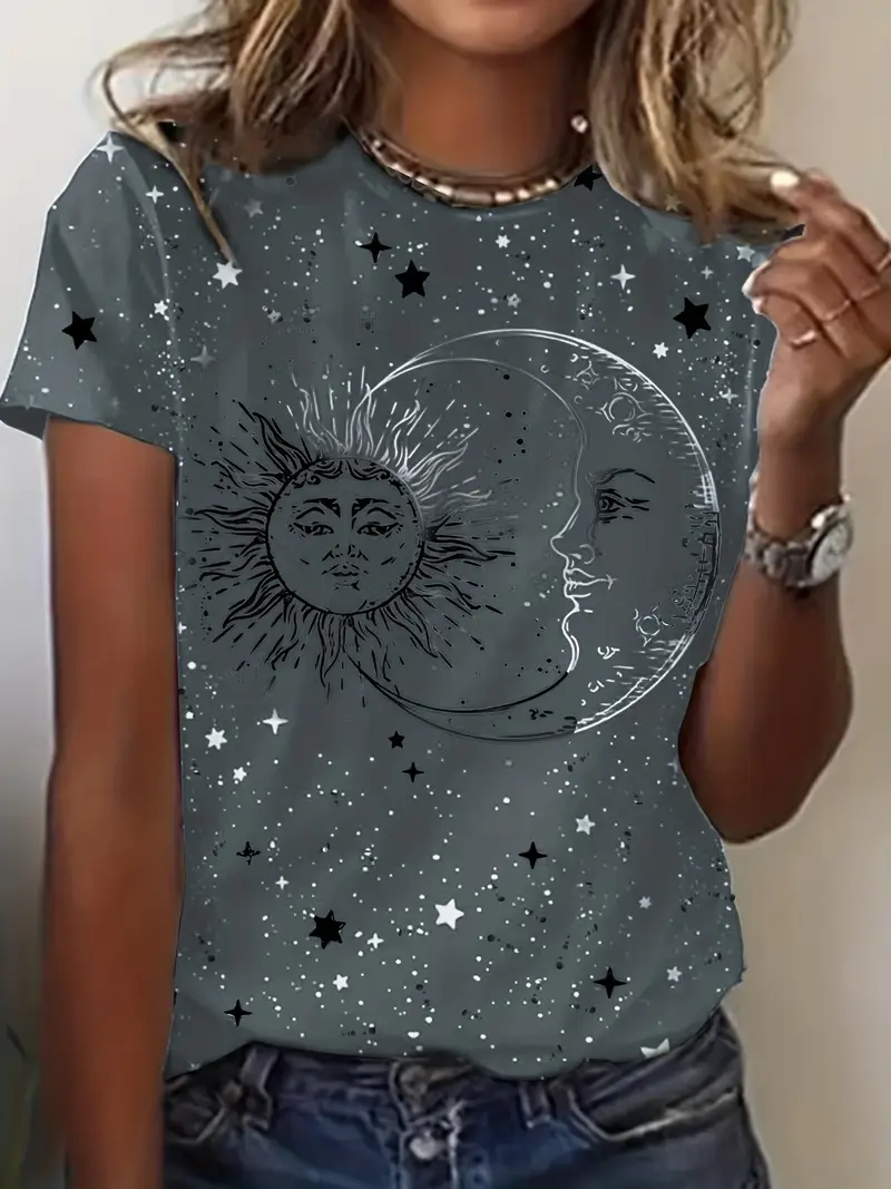 Sun Moon Print Crew Neck T Shirt Casual Short Sleeve T Shirt Temu