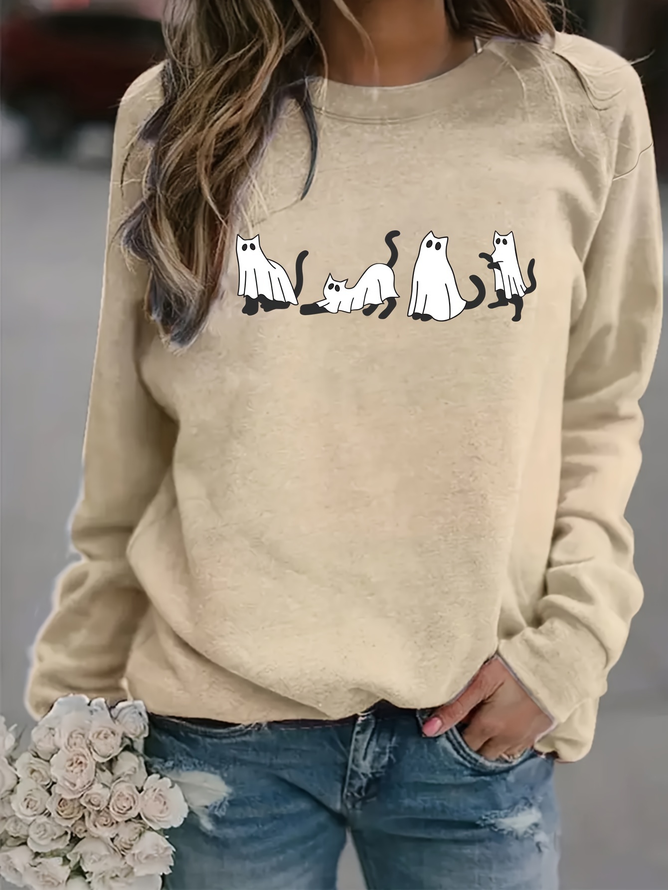 Halloween Cat Ghost Print Sweatshirt Casual Long Sleeve Crew - Temu Australia