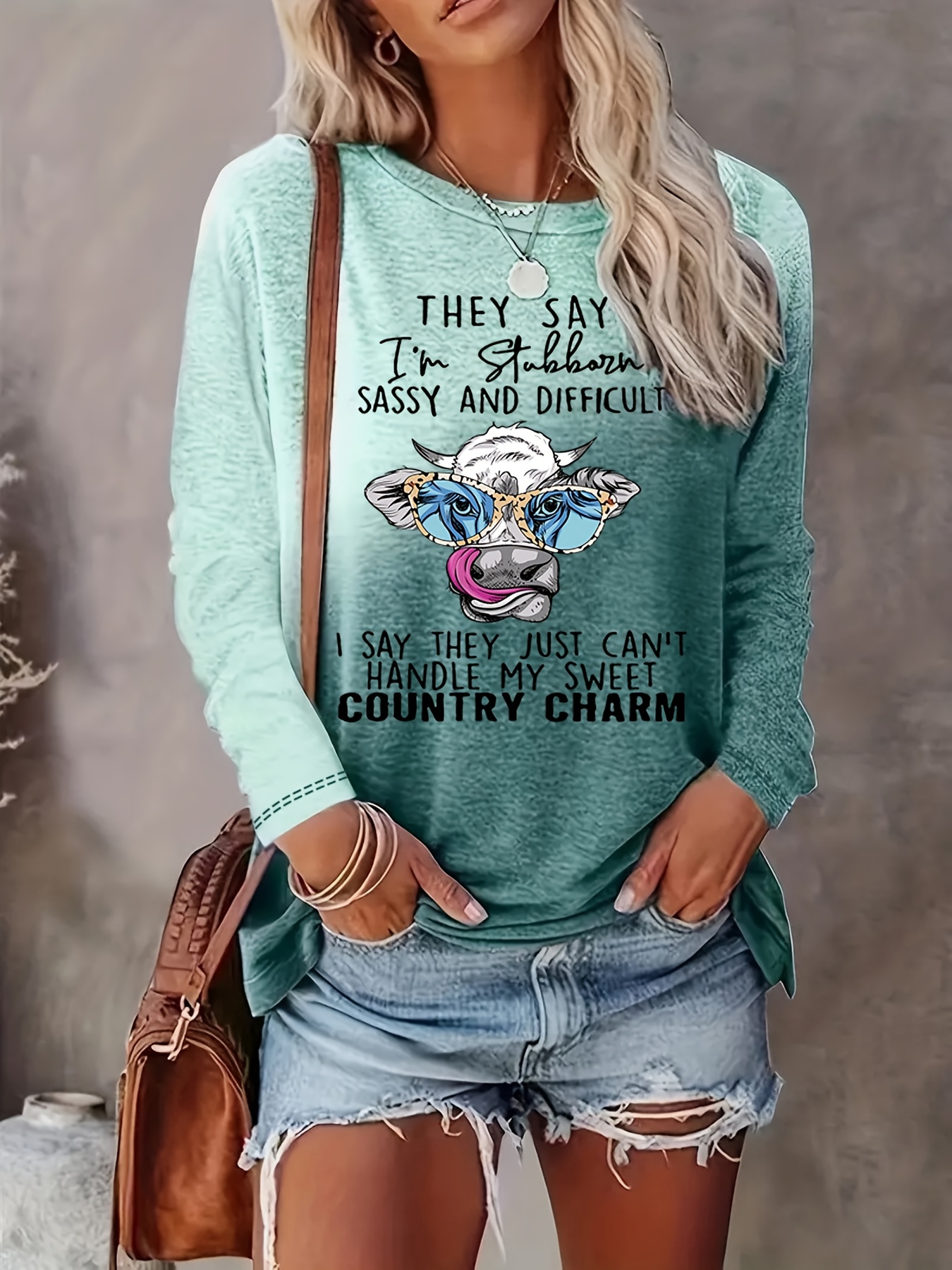 Cattle Letter Print Crew Neck T shirt Casual Long Sleeve Tee - Temu New ...